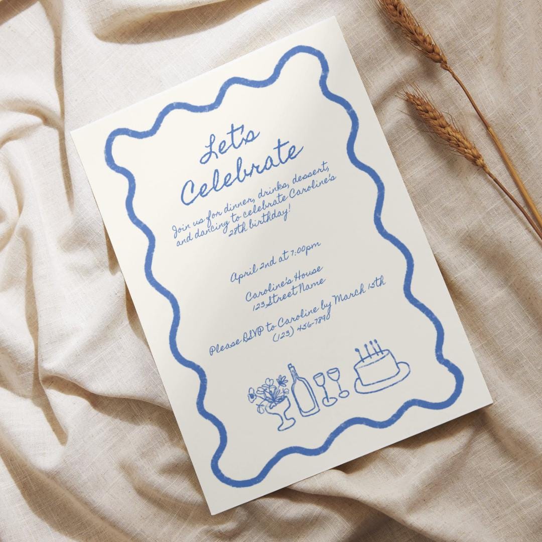 Hand-drawn Blue Party Invitation, Minimalist Invite Template, Editable ...
