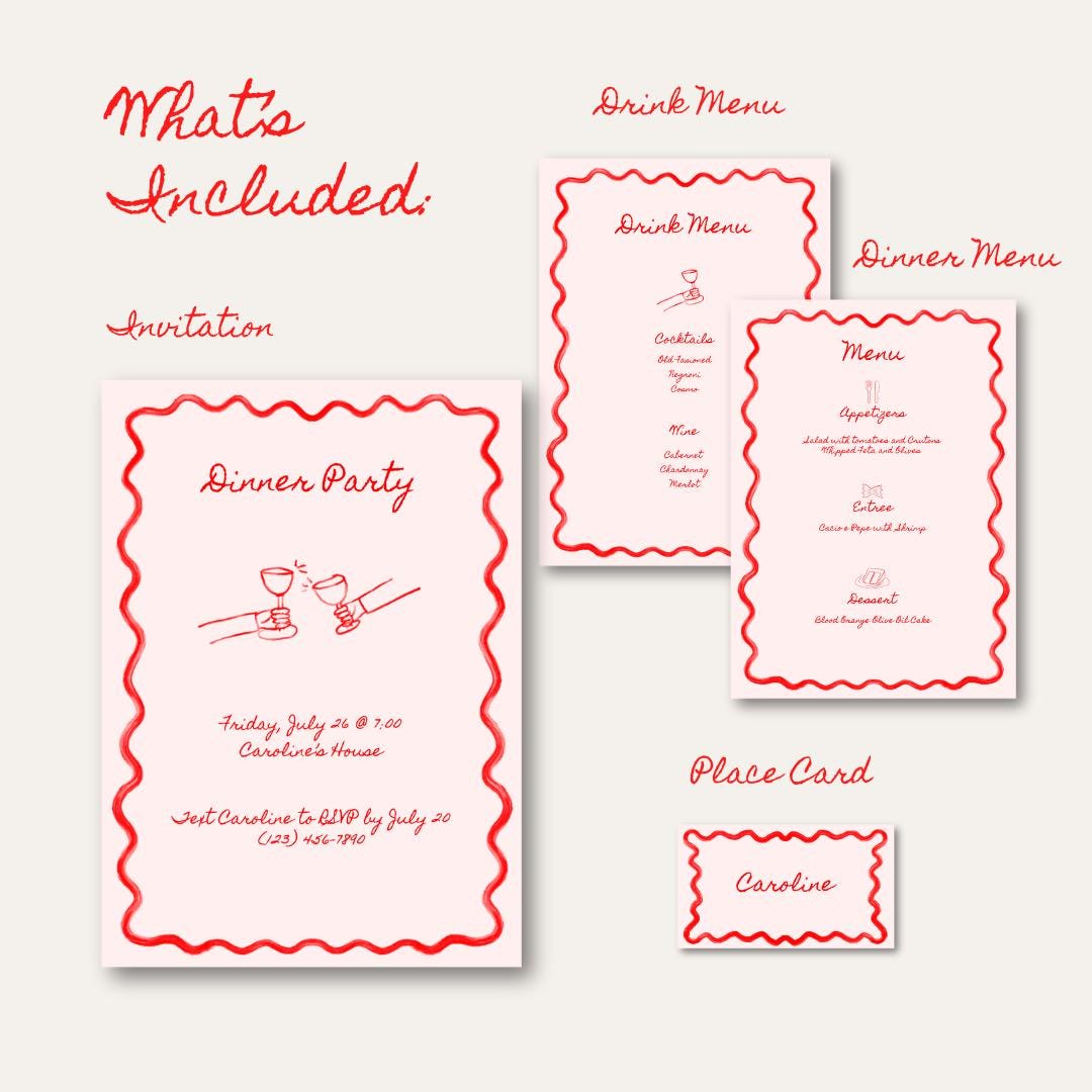 Editable Dinner Party Invitation Set, Dinner Menu, Colorful Fun Retro ...