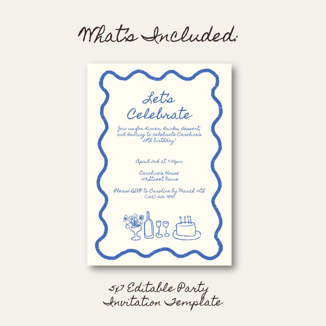 Hand-drawn Blue Party Invitation, Minimalist Invite Template, Editable ...