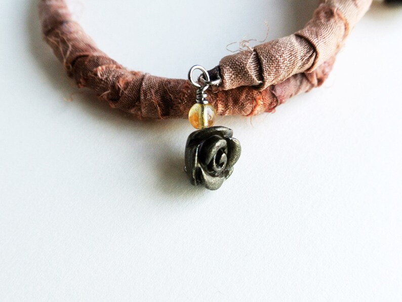 Bohemian Sari Silk Wrapped Bracelet, Dusky Peach Gypsy Bangle, Pyrite ...