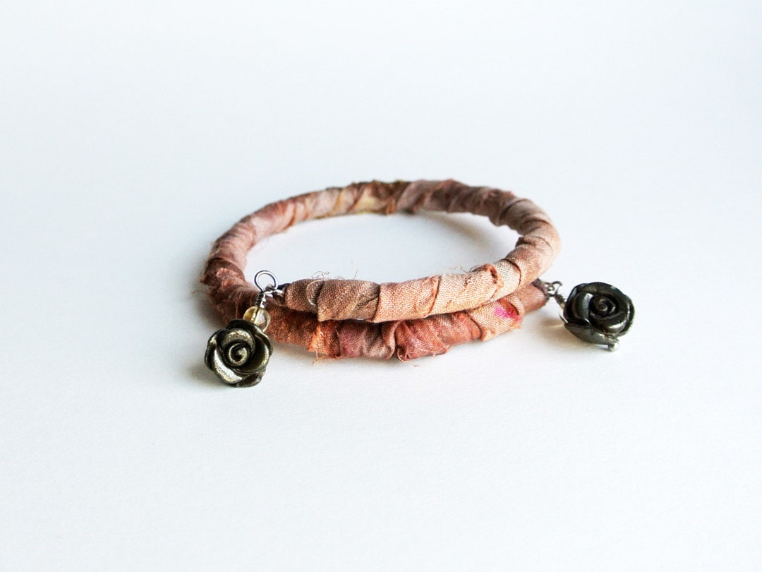 Bohemian Sari Silk Wrapped Bracelet, Dusky Peach Gypsy Bangle, Pyrite ...