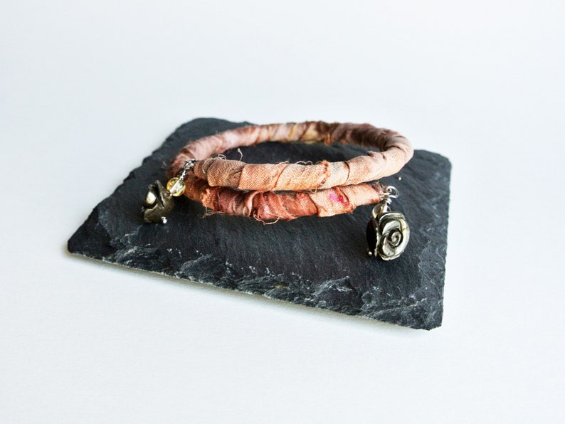 Bohemian Sari Silk Wrapped Bracelet, Dusky Peach Gypsy Bangle, Pyrite ...