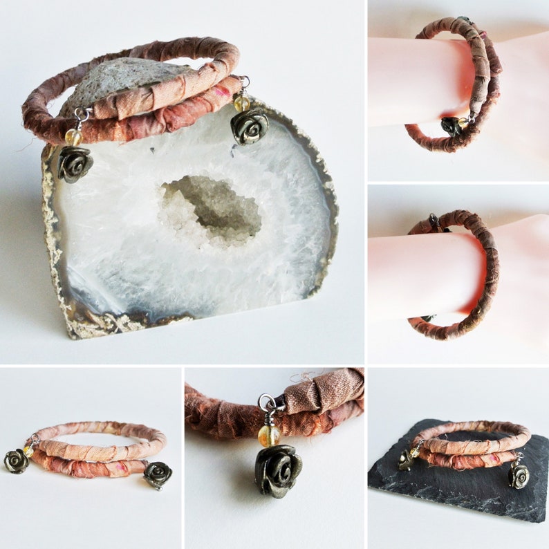 Bohemian Sari Silk Wrapped Bracelet, Dusky Peach Gypsy Bangle, Pyrite ...