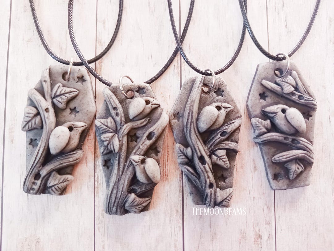 Crow Coffin Shaped Pendant Necklace Spooky Cute Clay Crows and Tree Jewelry Crow Lovers Gift ...