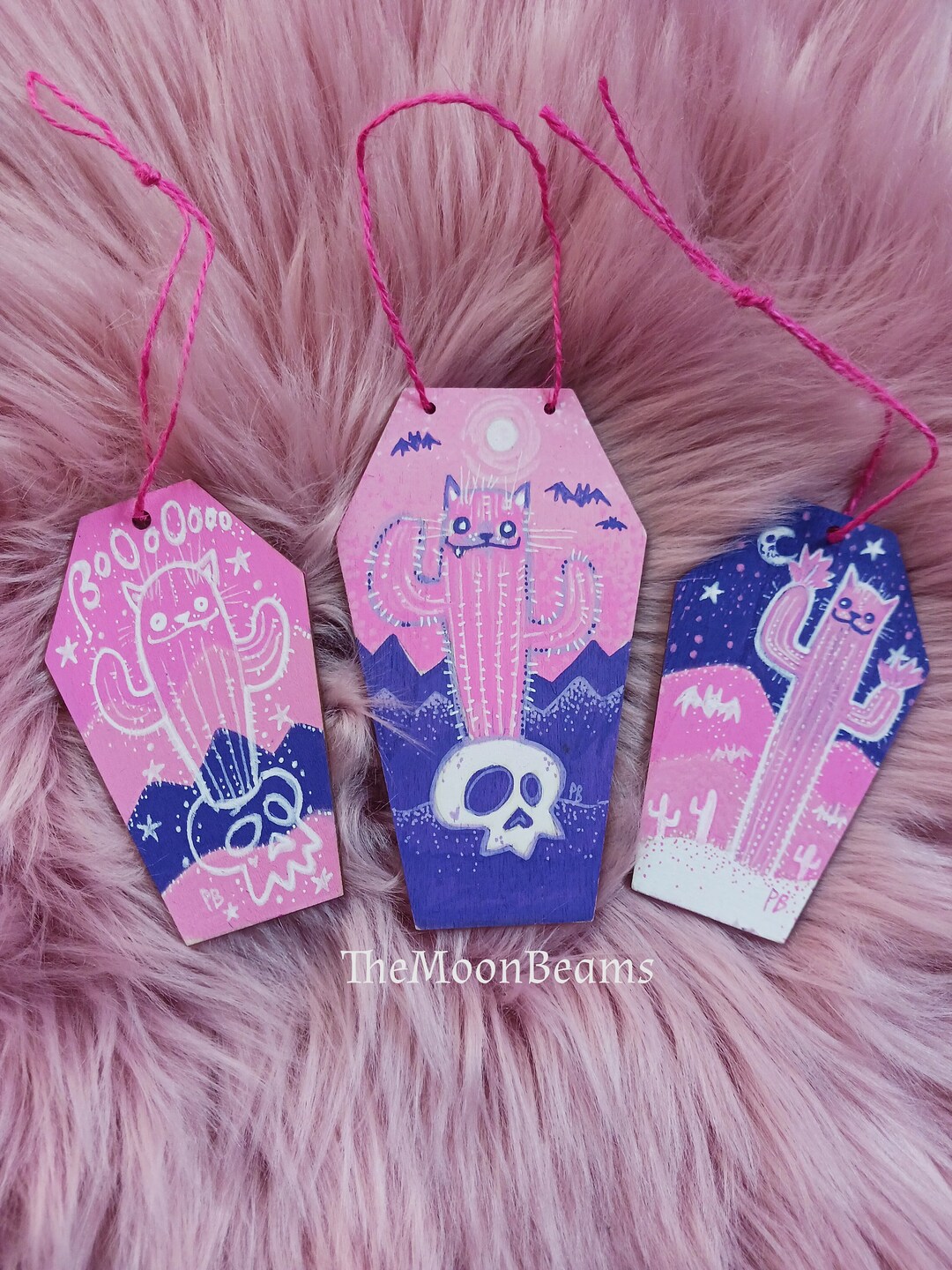 Hnad Painted Cactus Kittie Pink Christmas Wooden Tree Ornament-coffin ...