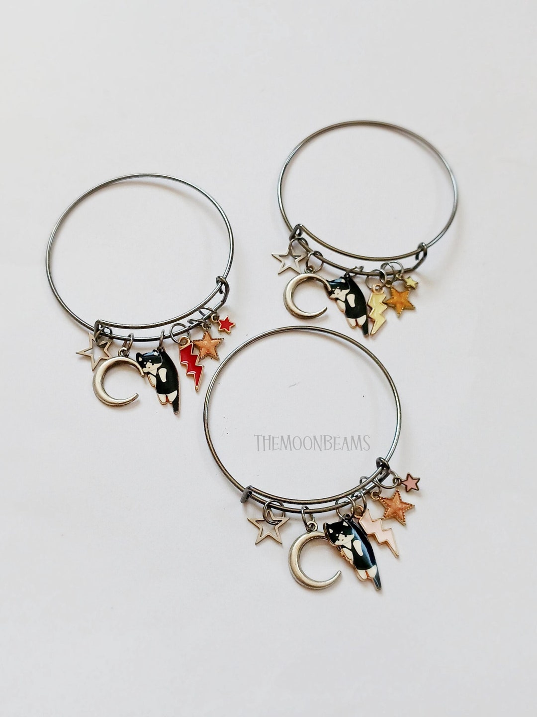 Grumpy Kittie Charm Stackable Bangle Tuxedo Cat Charm Bracelets Moon and Cat Jewelry Lightning ...