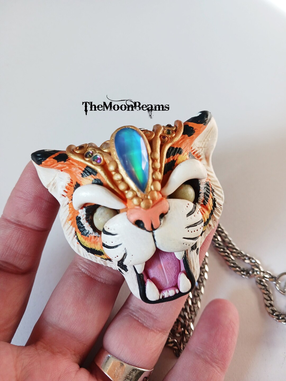 Tiger Pendant Necklace With Opal-hand Sculpted Hand Painted Tiger ...