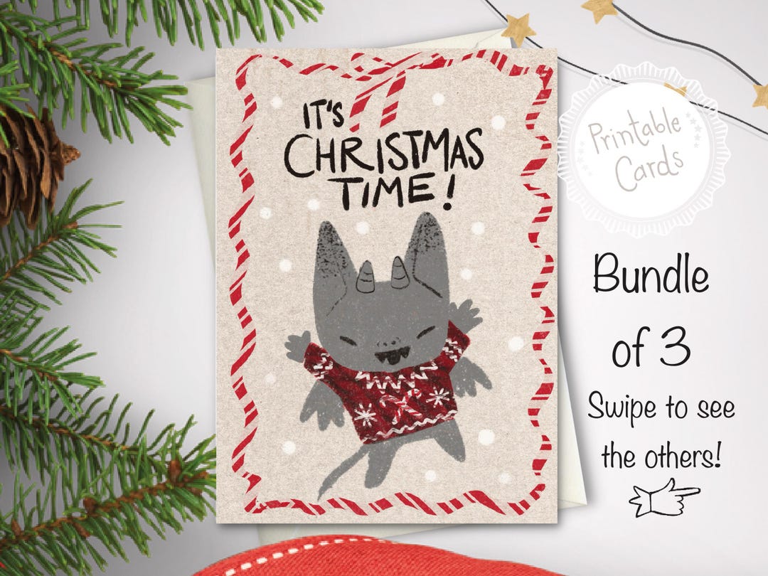 3 PRINTABLE Retro Nostalgic Hand-drawn Merry Christmas Gargoyle ...