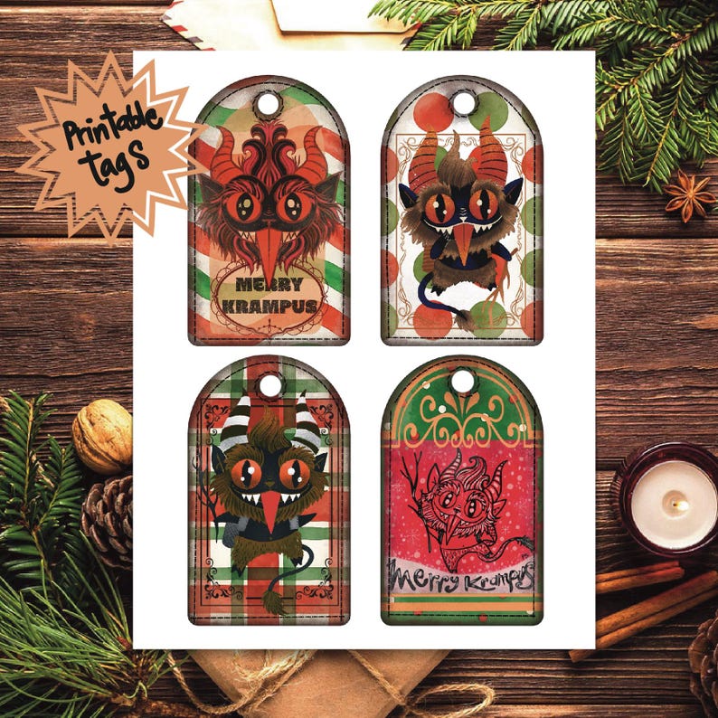4 PRINTABLE Vintage Hand Drawn Krampus Tags DIY Merry Krampus Tag ...