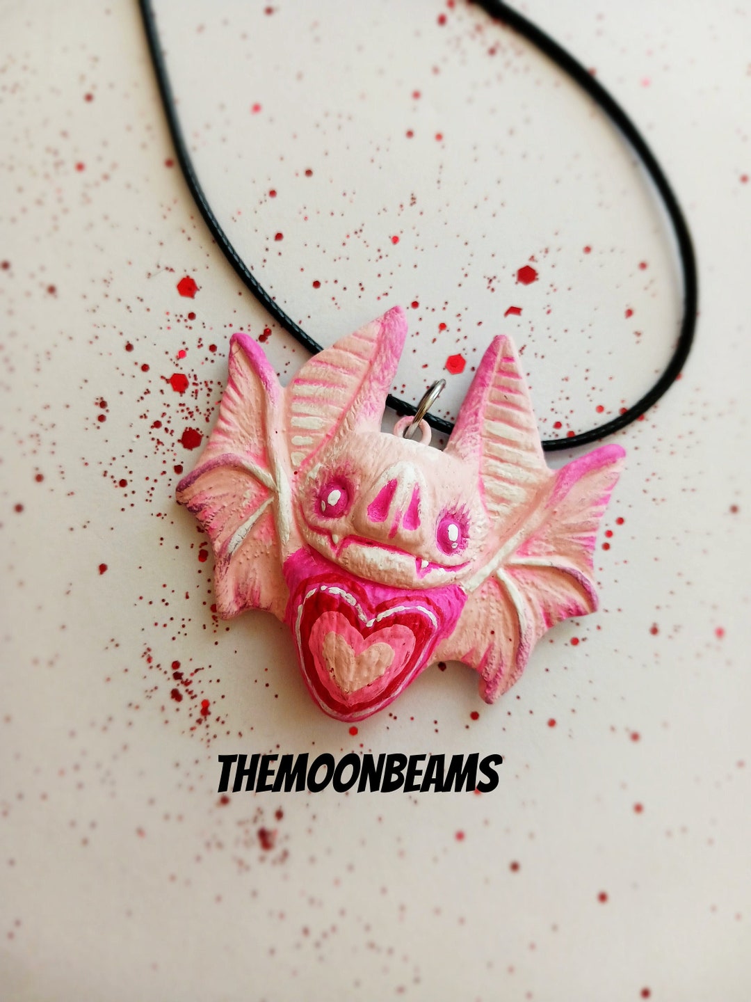 Pink Valentine's Day Bat Pendant Necklace Polymer Clay Bat Jewelry ...