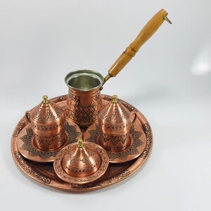 Turkish Coffee Set, Set of 2 Coffee Set, Copper Serving Tray, Round ...