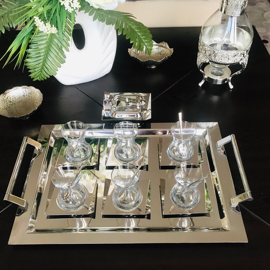 Tea Service Set, Silver Colour Tea Set, Turkish Tea Set With Serving ...