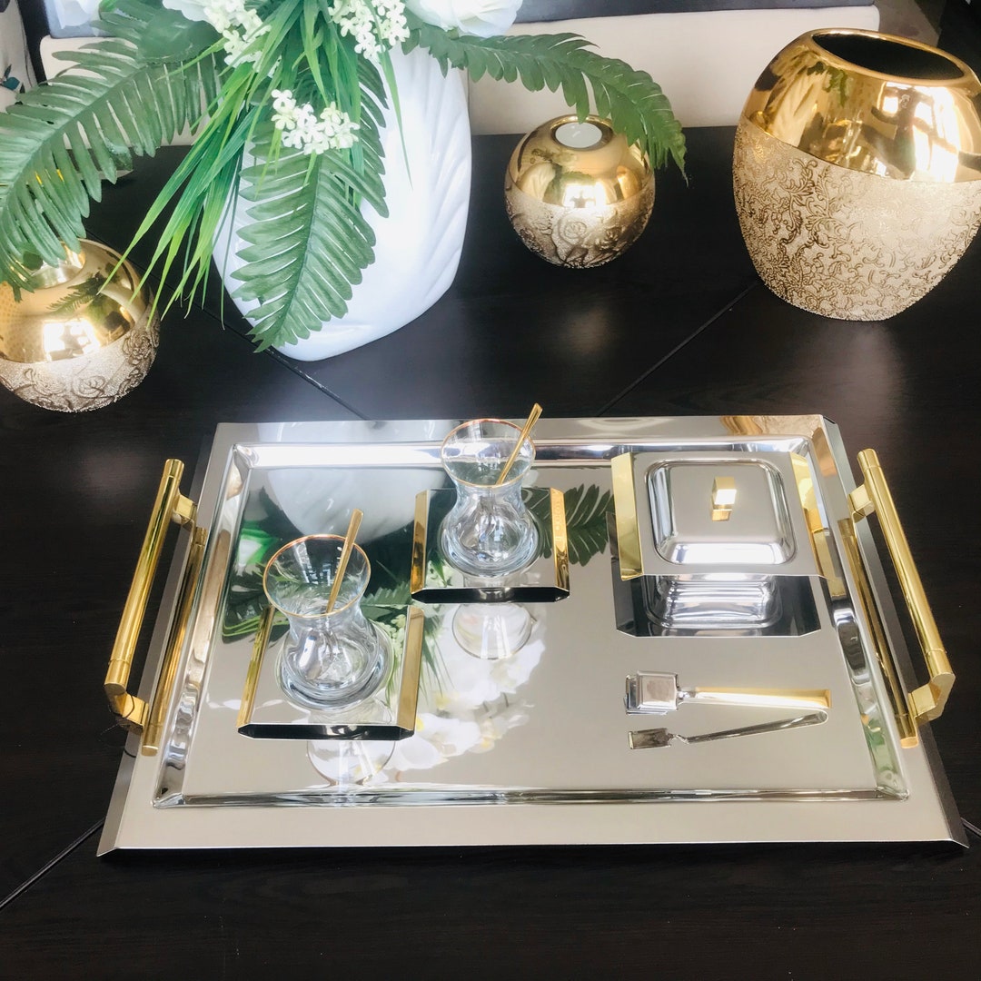 Gold Tea Set, Turkish Tea Set, Glass Tea Cups, Tea Set With Tray, Tea ...