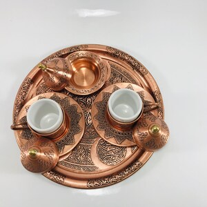 Turkish Coffee Set, Set of 2 Coffee Set, Copper Serving Tray, Round ...