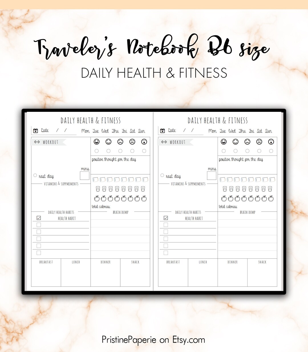 Traveler's Notebook B6 Daily Health & Fitness Insert Printable - Etsy