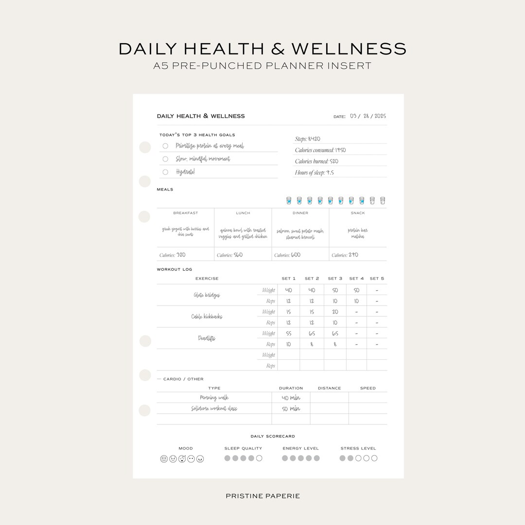Daily Health & Wellness Planner Insert, A5 Pre-punched Pages, 30-day ...