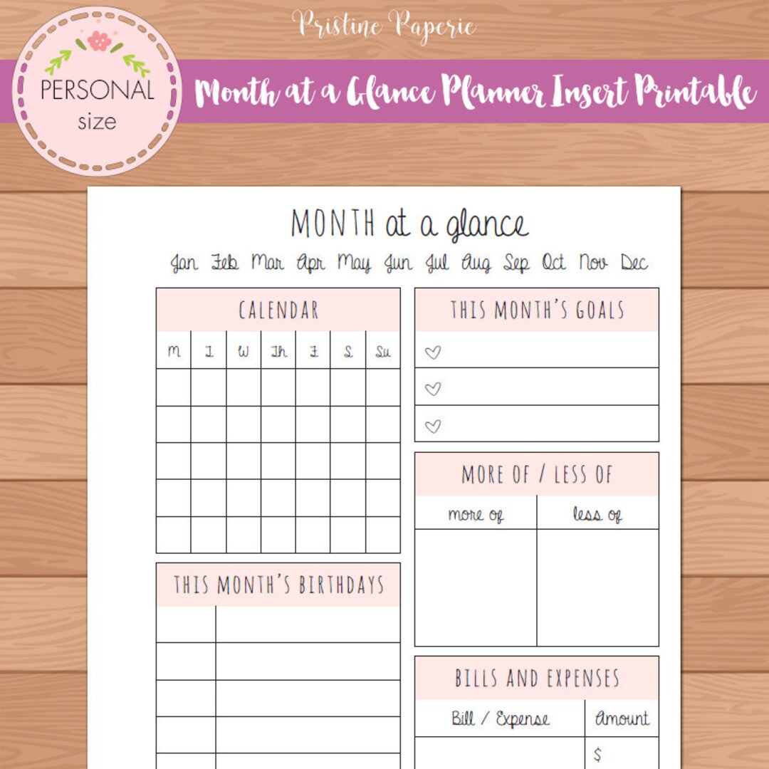 PERSONAL Month at a Glance Monthly Planner Insert Printable Fits Kikki ...