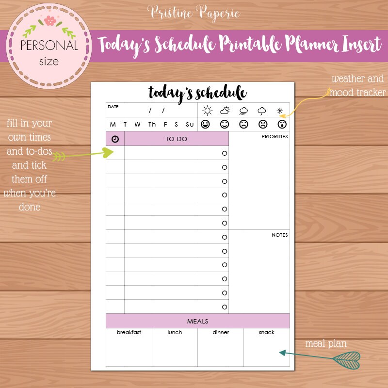 PERSONAL Today's Schedule Planner Insert Printable Fits - Etsy