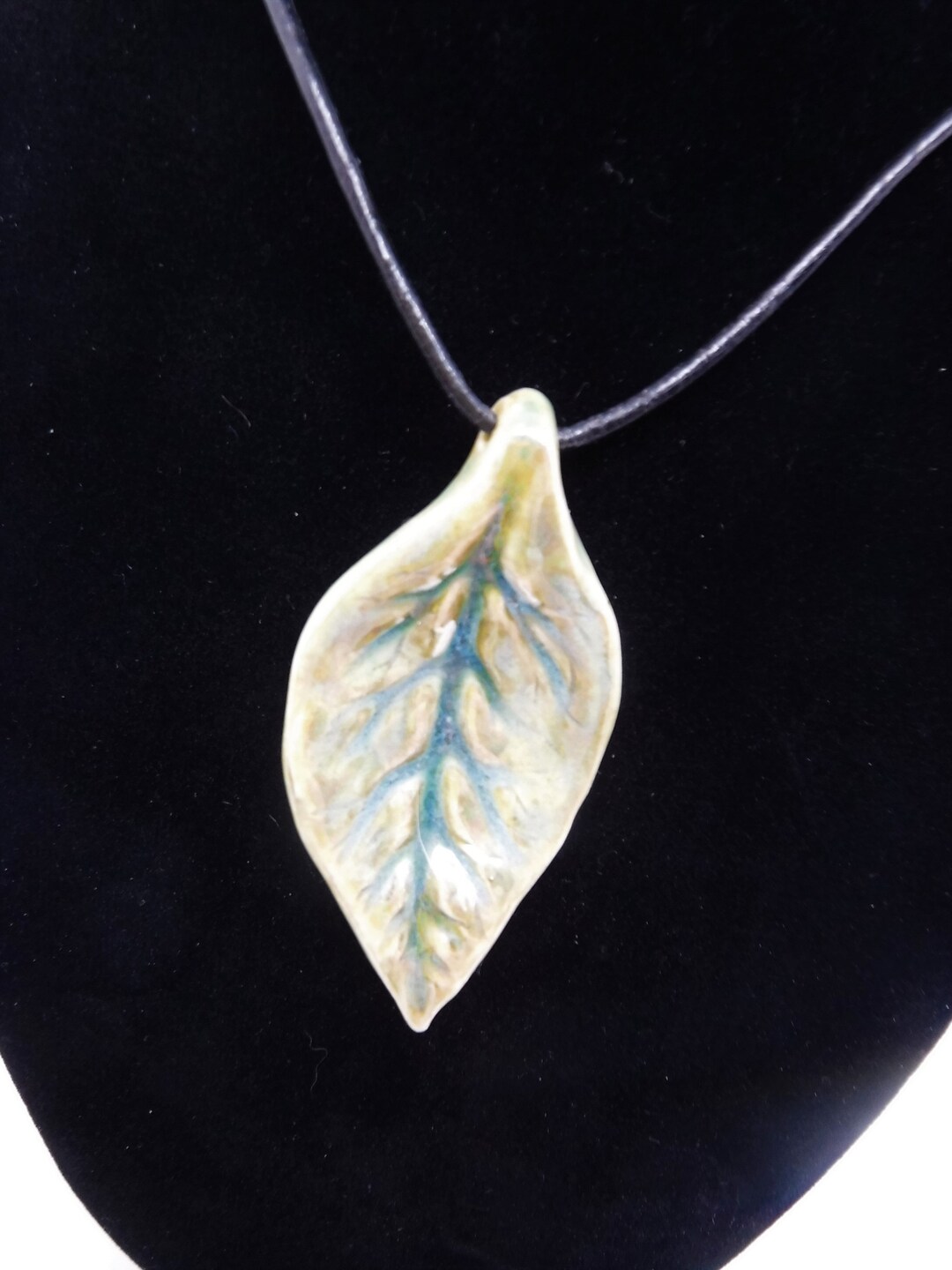 Pendent, Necklace, Porcelain Green Leaf, Handmade Ooak Leather Cord and ...