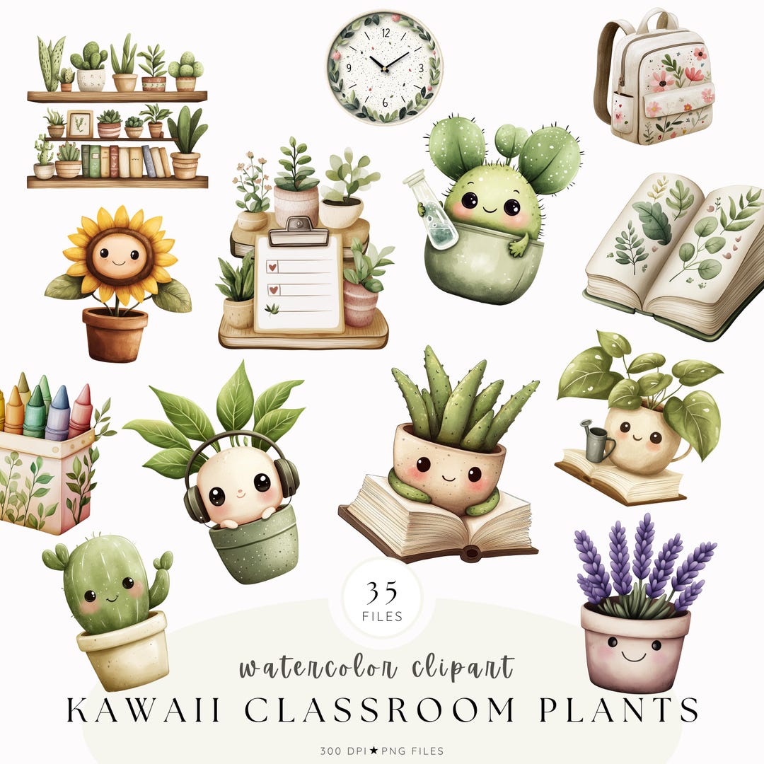 Kawaii Classroom Plants Watercolor Clipart Bundle (digital Download) - Etsy