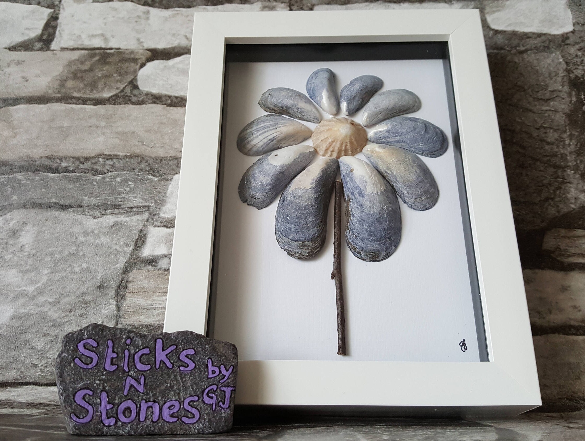 Pebble Art Mussel Beach Shell 'flower' - 7x5 Black or White Box Frame ...
