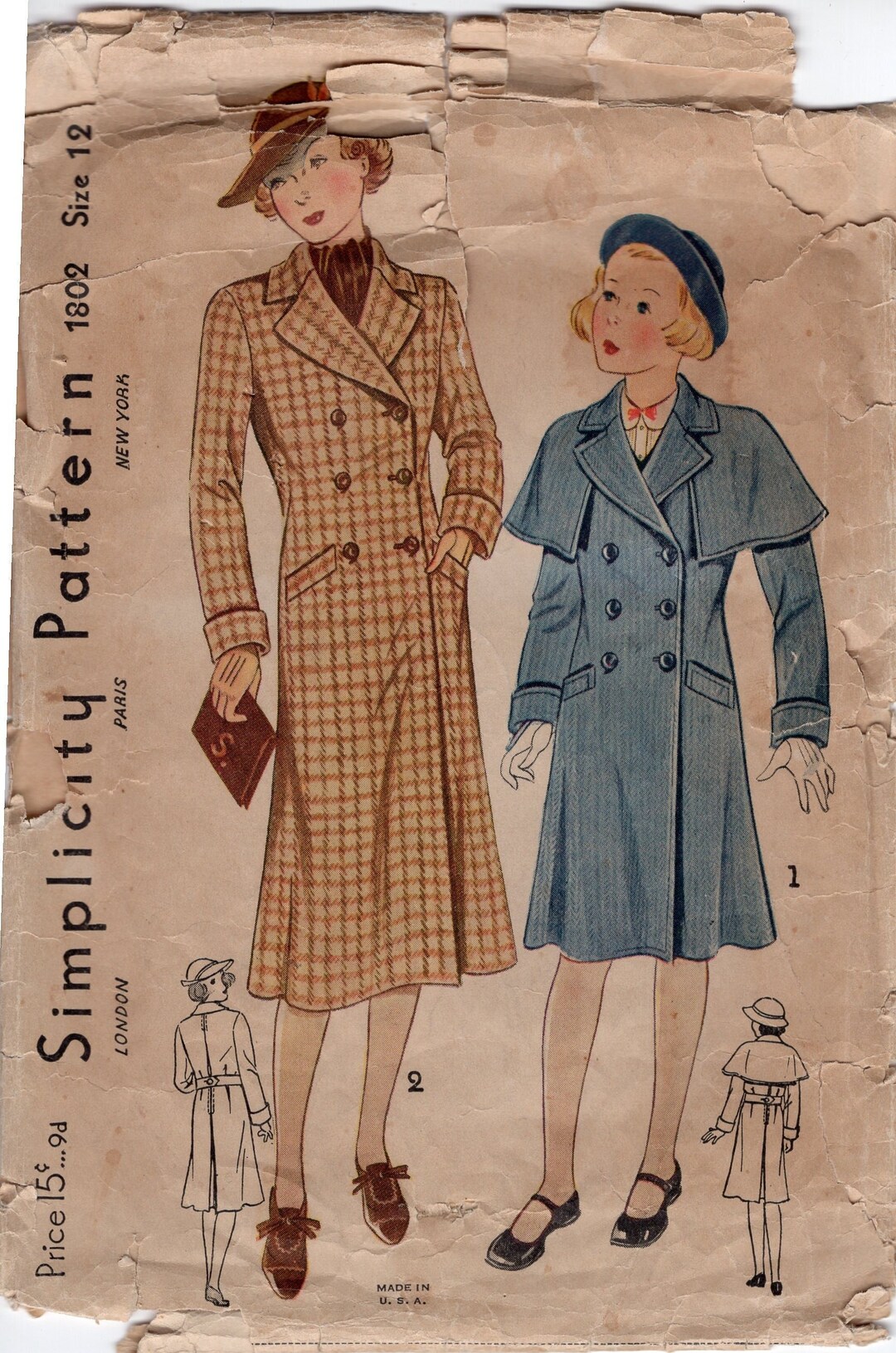 Vintage Original 1930s Sewing Pattern, Simplicity 1802, Gils' Coat in 2 ...