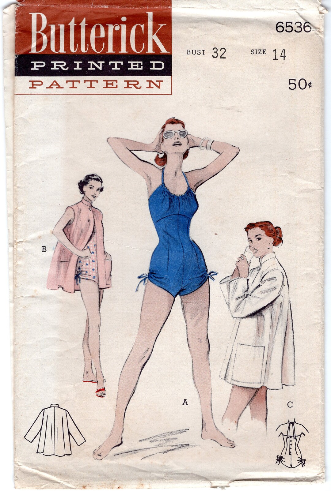 Vintage 1950s Butterick 6536 Sewing Pattern, Swimsuit and Beach Coat ...