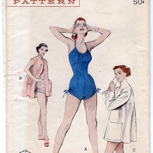 Vintage 1950s Butterick 6536 Sewing Pattern, Swimsuit and Beach Coat ...