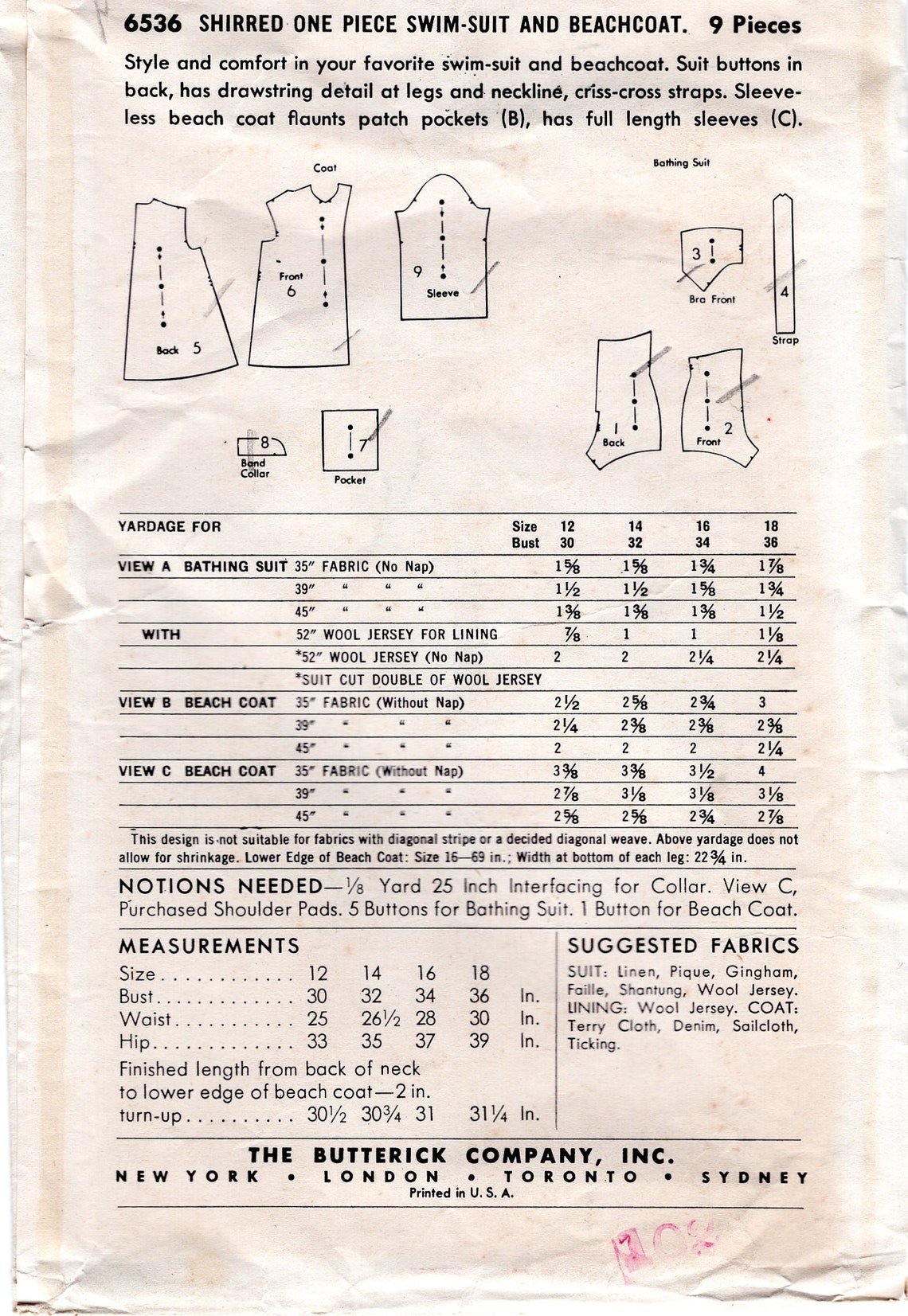 Vintage 1950s Butterick 6536 Sewing Pattern, Swimsuit and Beach Coat ...