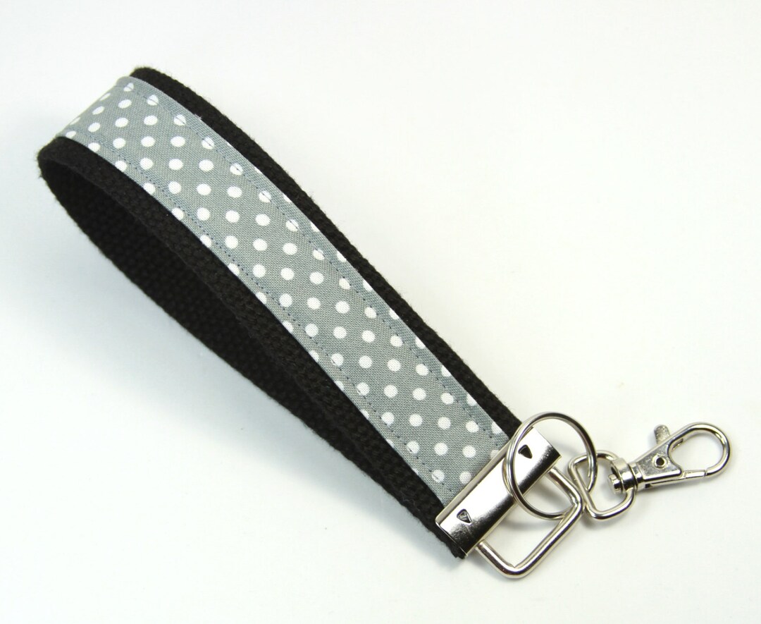 GRAY POLKA Fabric Keychain, Gray Black Keychain, Polka Dots Wristlet ...