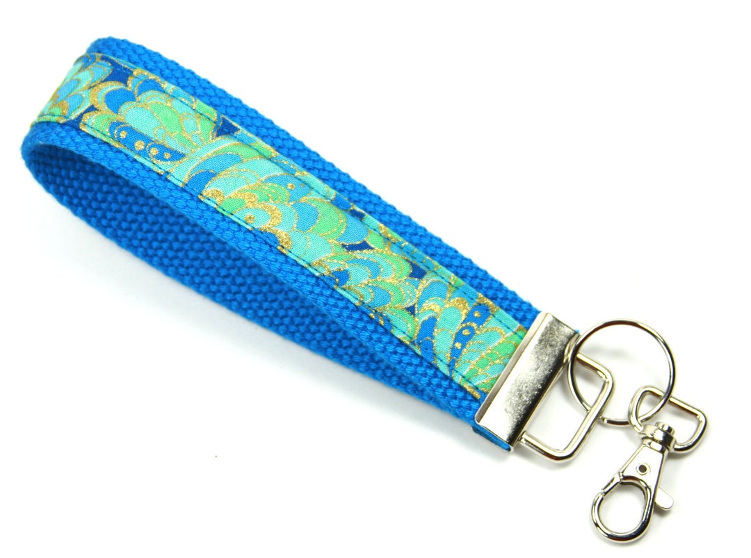PEACOCK Fabric Key Fob, Blue Fabric Keychain, Fabric Wristlet, Teal ...