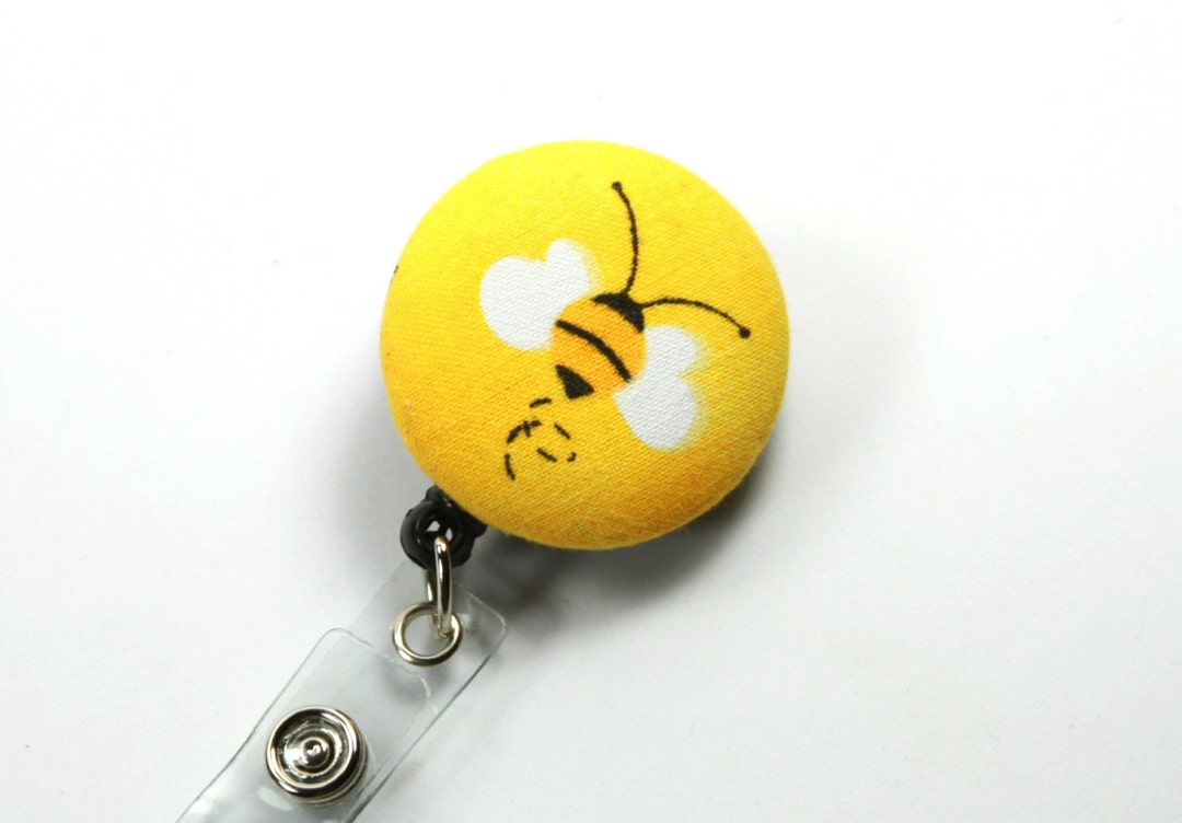BEE Fabric Button Reel, Retractable Badge Reel, Bumble Bee Badge Button ...