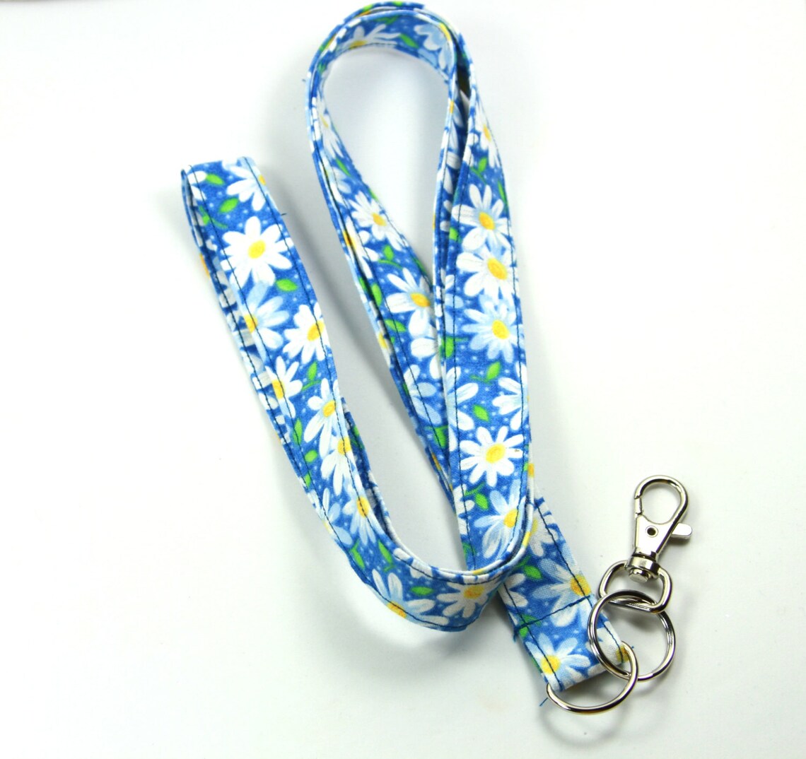DAISY Flower Fabric Lanyard, Floral Lanyard, Blue Fabric Lanyard ...