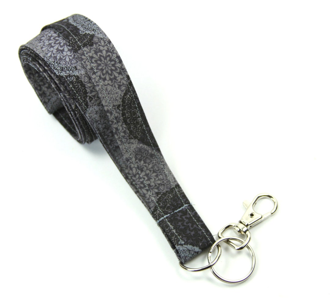 GRAY Fabric Lanyard, Gray and Black Badge Holder, Gray Lanyard, Mandala ...