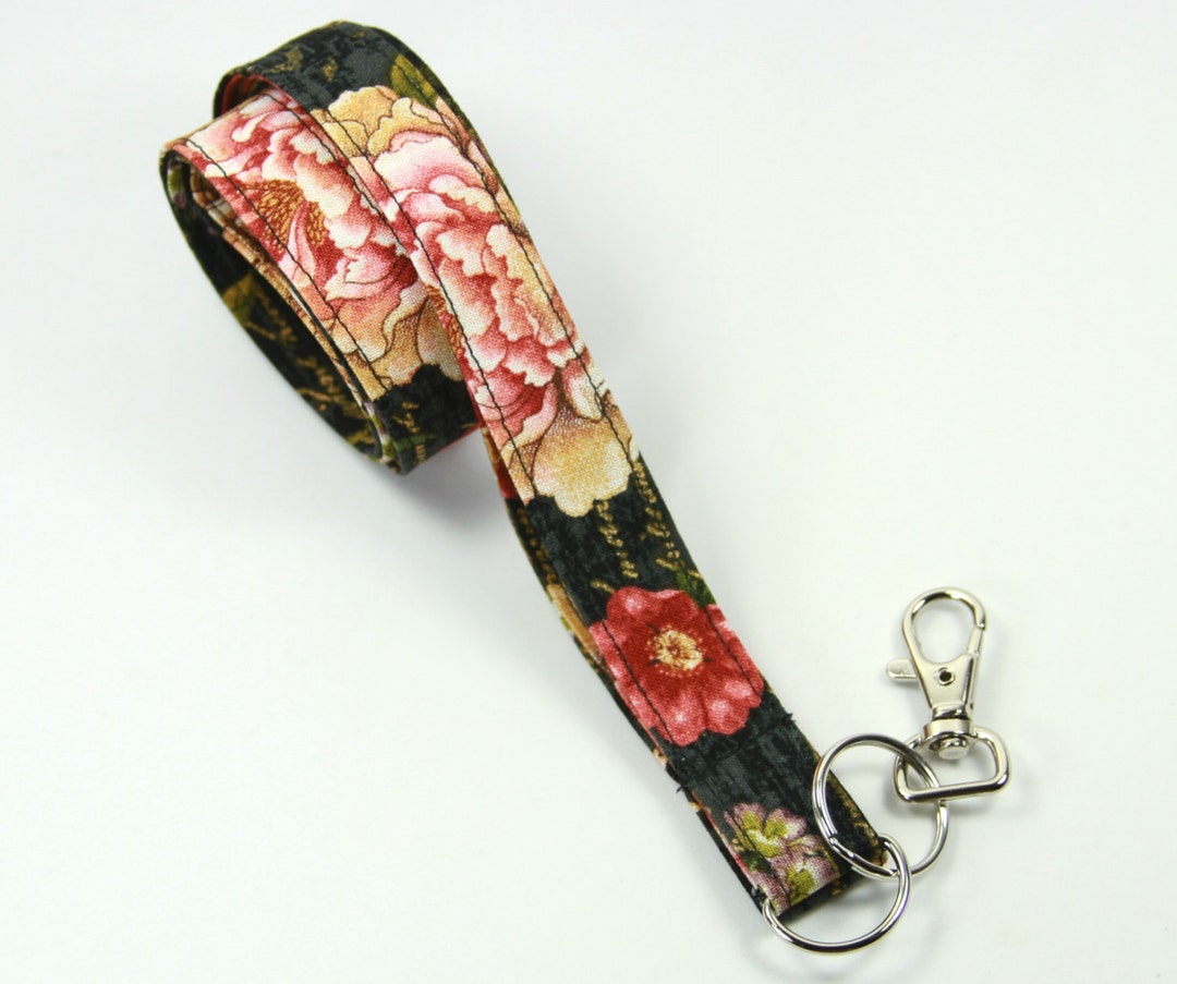 FLORAL Fabric Lanyard, Fabric Badge Holder, Flower Lanyard, Peony ...