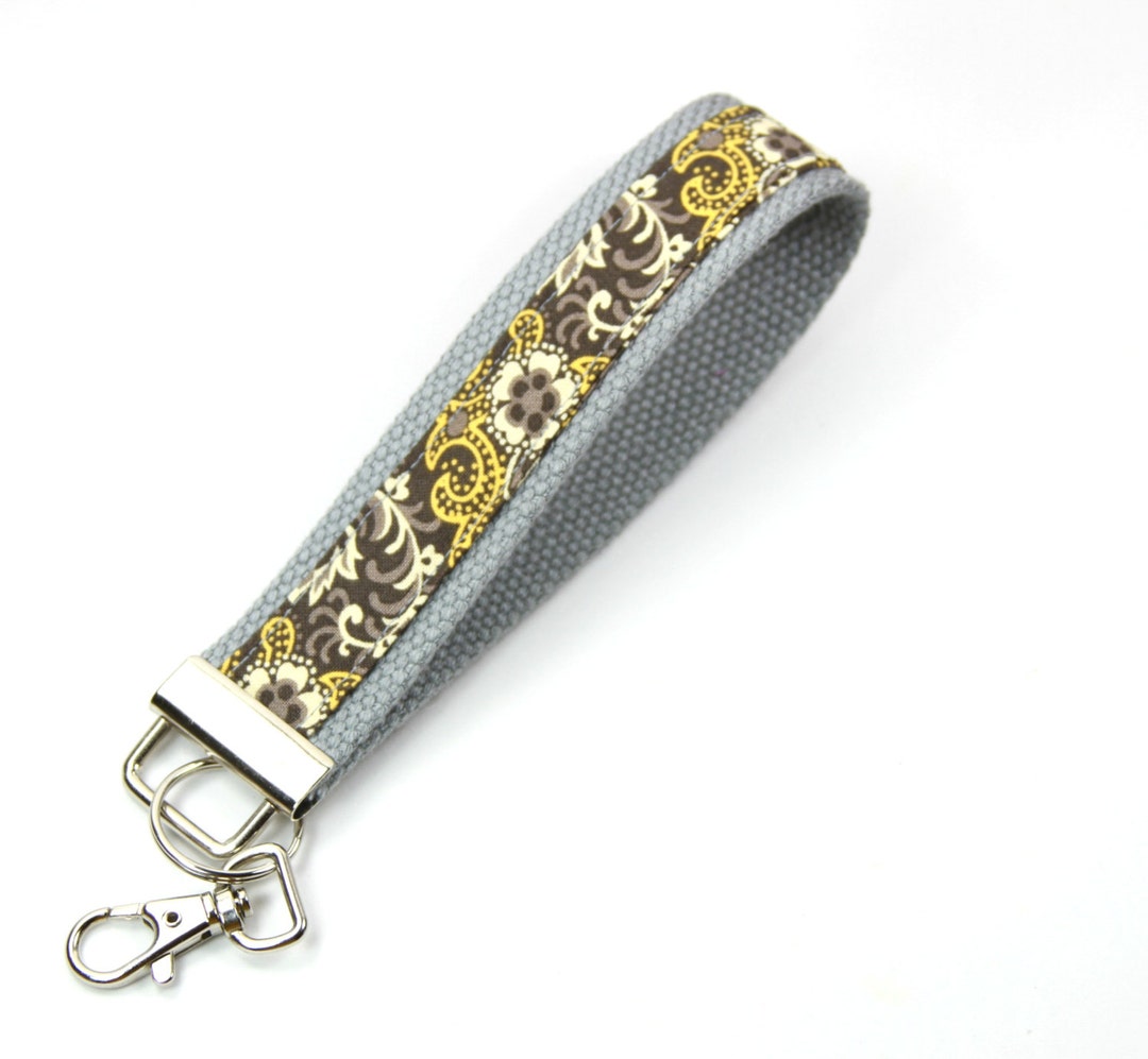 FLORAL Fabric Key Ring, Wrist Key Ring, Fabric Key Fob, Gray Key Ring ...