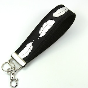 FEATHERS Fabric Key Chain, Feather Key Fob, Black and Silver Wrist Key ...