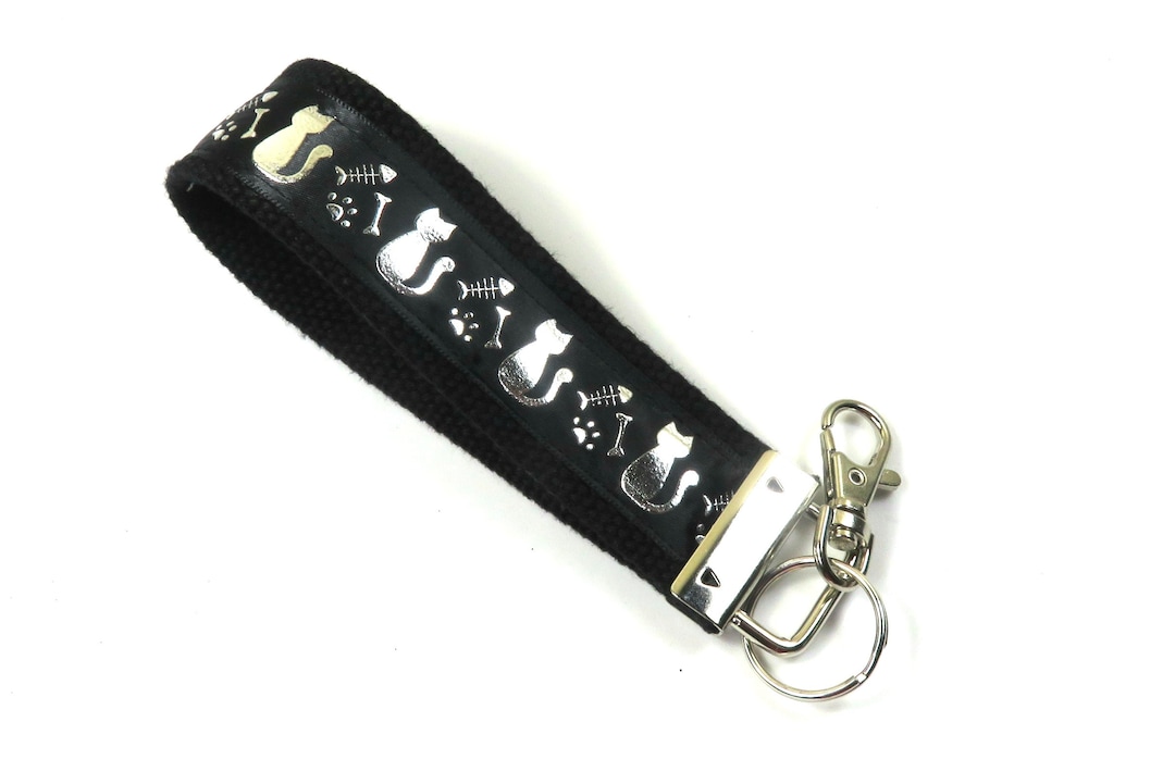 CATS Fabric Keychain, Cats Wristlet, Black Keychain, Silver Cats ...