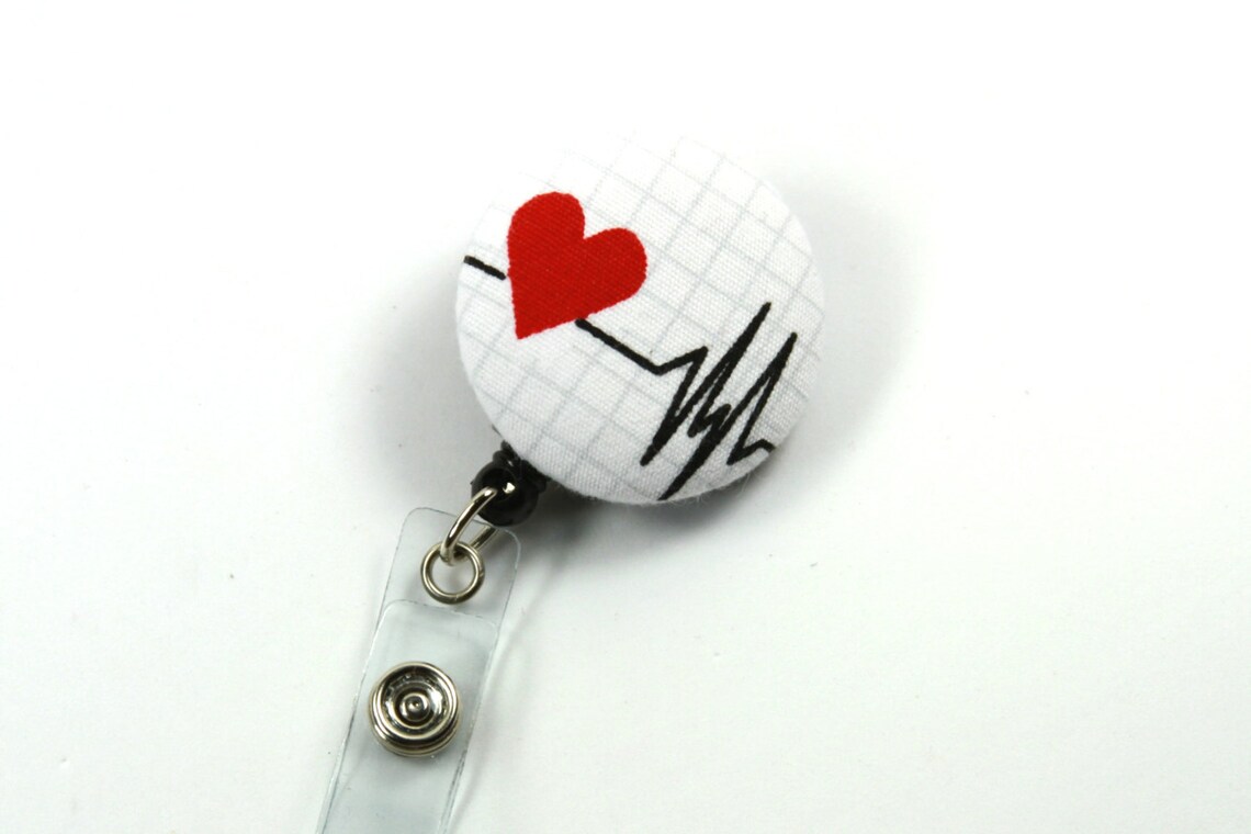 HEART BEAT Badge Reel, EKG Fabric Badge Reel, Button Retractable Badge ...