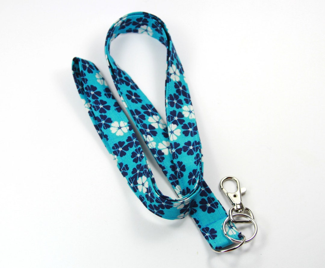 FLORAL Fabric Lanyard, Flower Fabric Badge Holder, Blue Flower Lanyard ...
