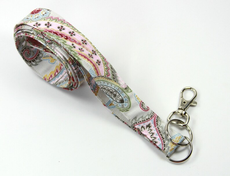GRAY AND PINK Fabric Lanyard, Pink Badge Holder, Paisley Lanyard, Gray ...