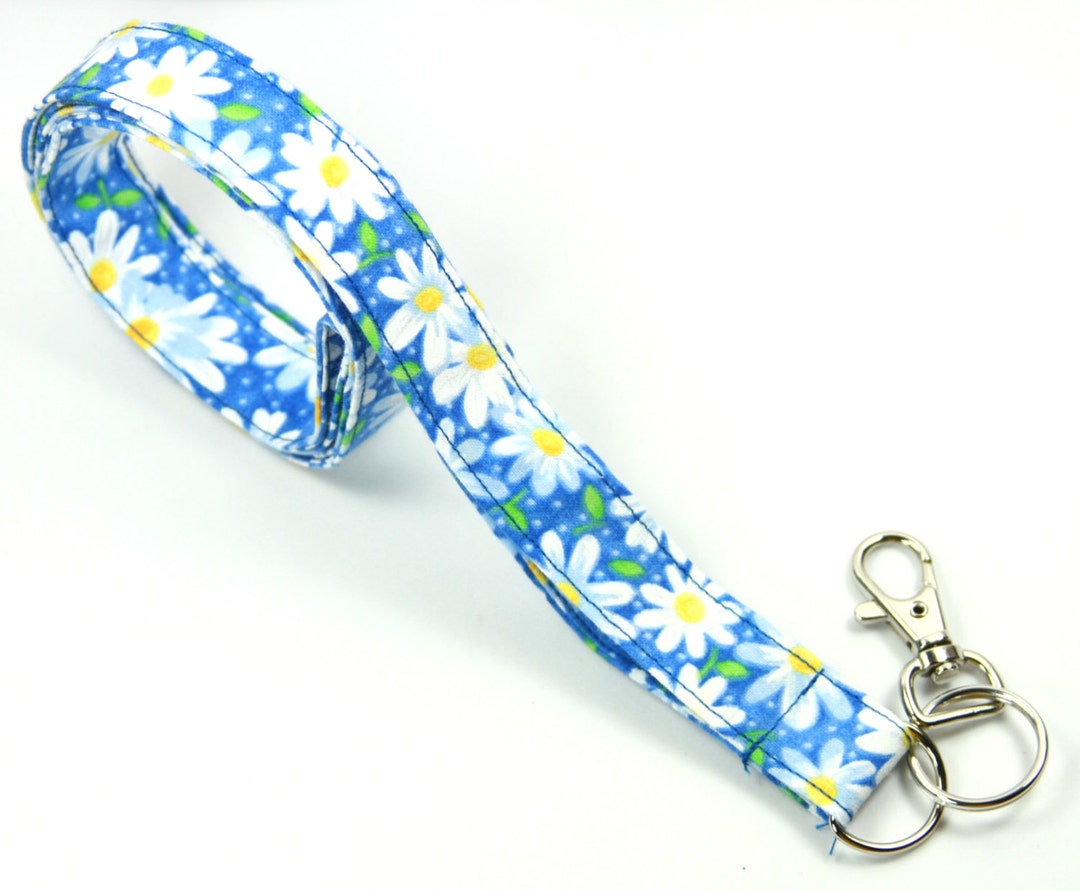 DAISY Flower Fabric Lanyard, Floral Lanyard, Blue Fabric Lanyard ...