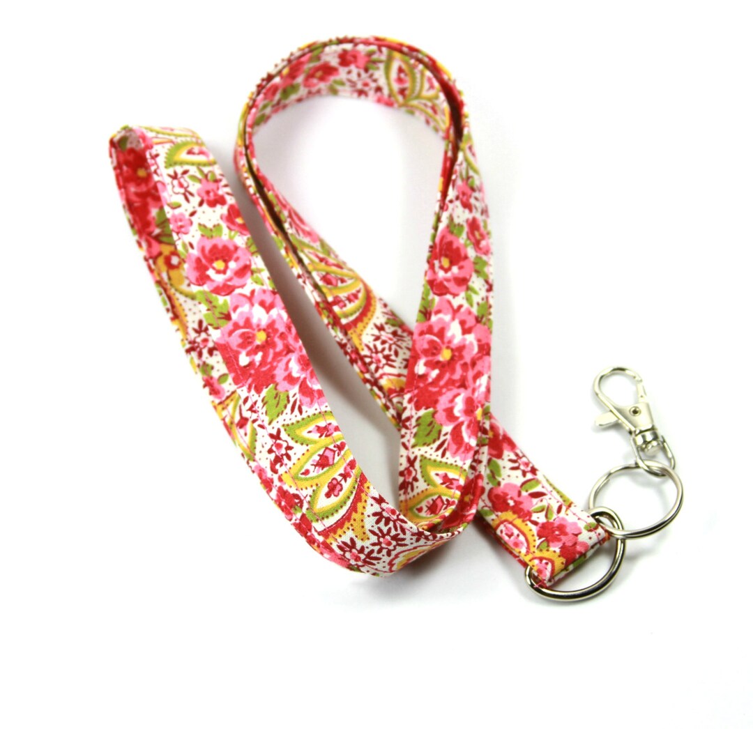PINK FLOWER Fabric Lanyard, Fabric Badge Holder, Floral Fabric Lanyard ...