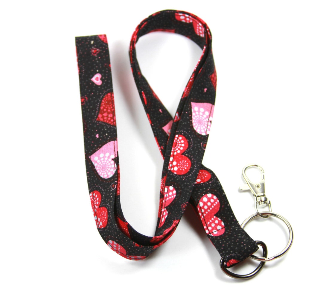 HEARTS Fabric Lanyard, Pink Hearts Lanyard, Black and Pink Lanyard ...