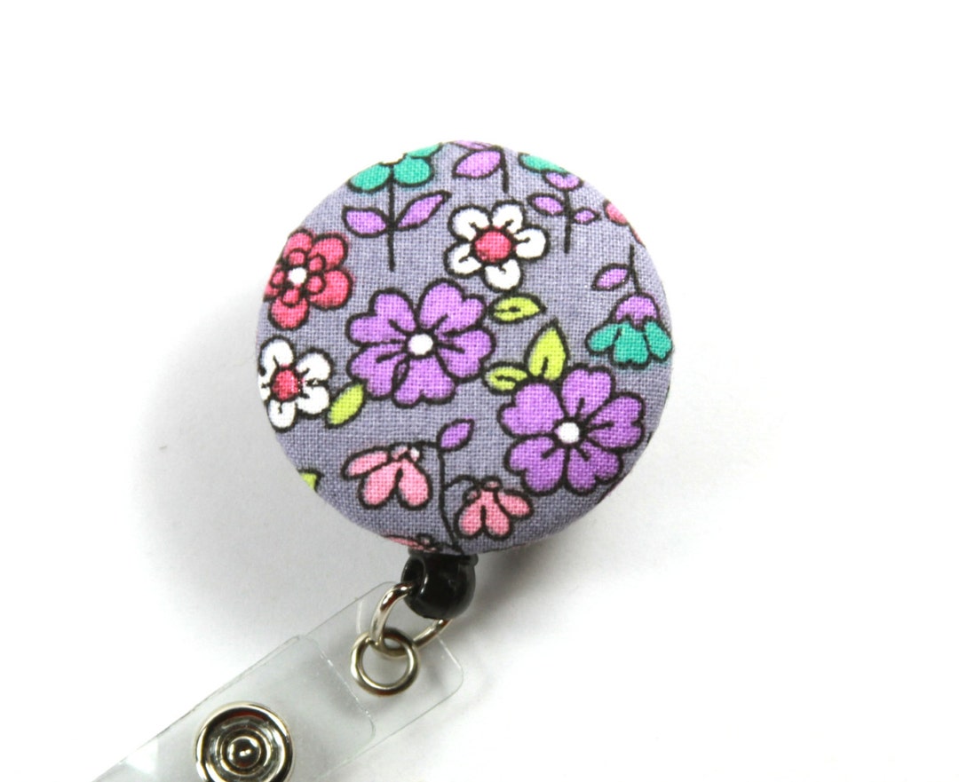 FLOWERS Fabric Badge Reel Retractable Badge Reel Gray Badge - Etsy