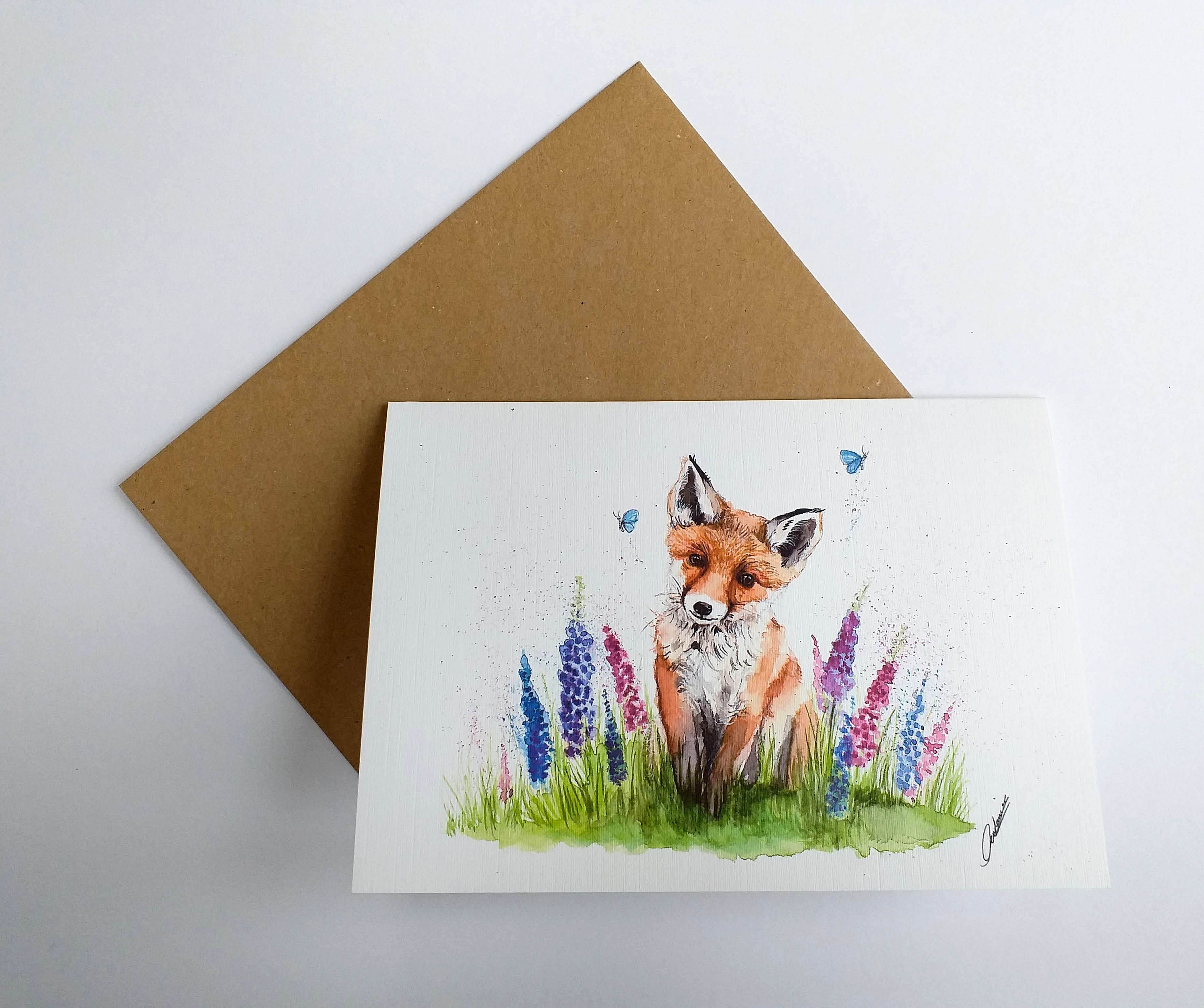 Fox cub in foxgloves print. Fox cub blank card. Fox cub art. | Etsy
