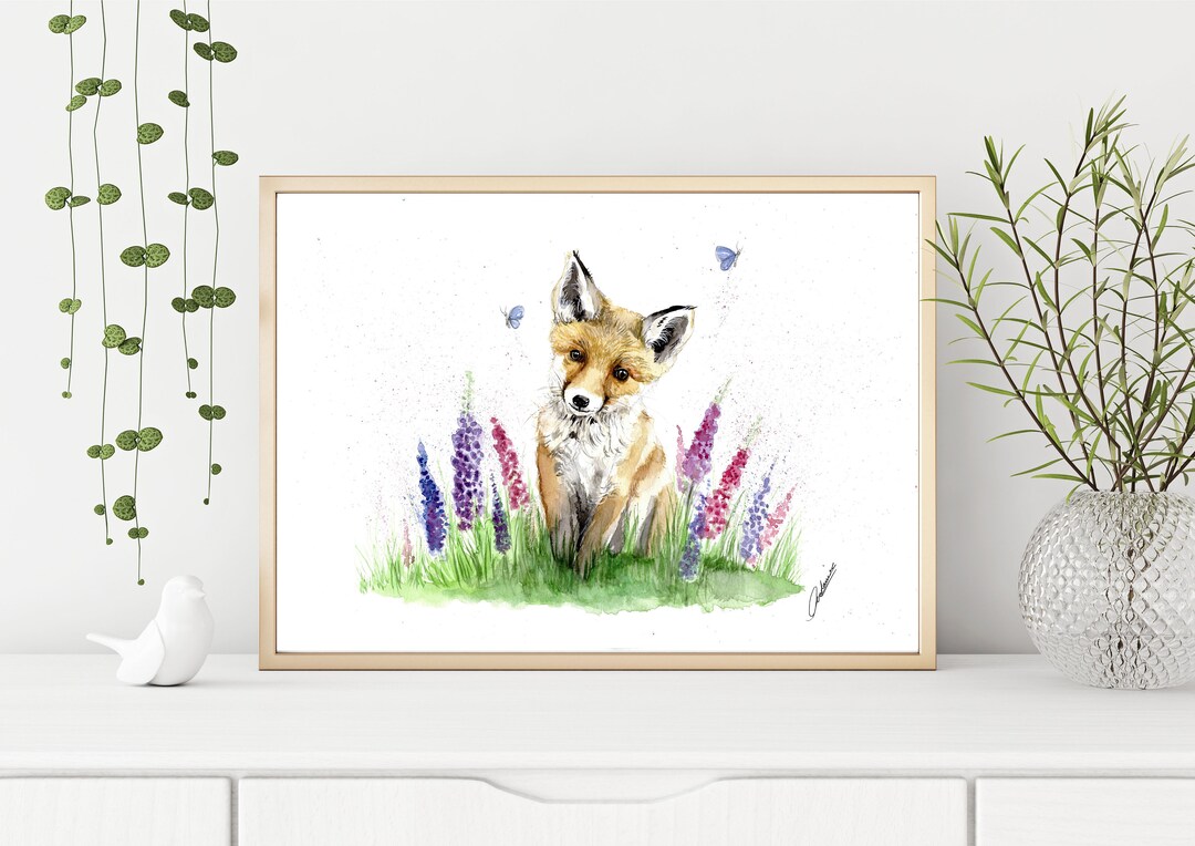 Fox Cub in Foxgloves Print. Fox Cub Blank Card. Fox Cub Art. - Etsy UK