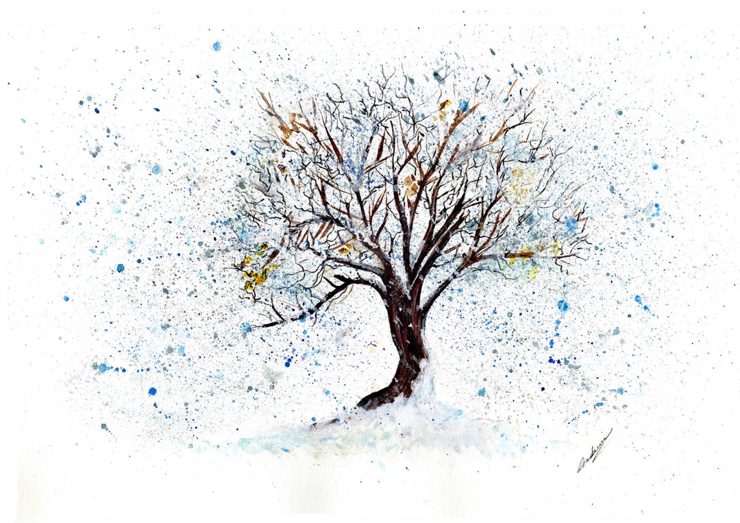 Tree Print. Four Seasons, Snowy Winter Tree Watercolour Splatter Print ...