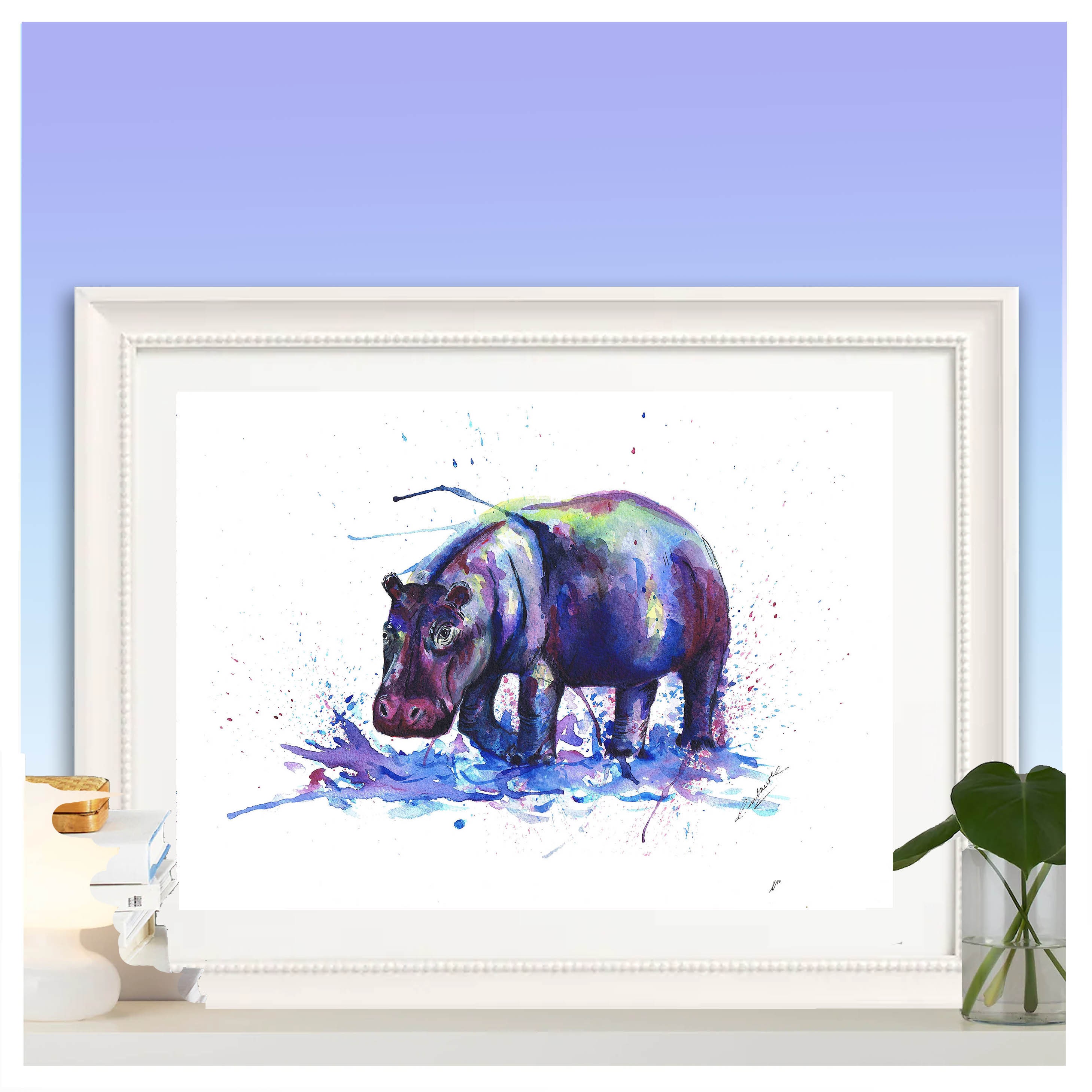 Hippo print. Hippo greeting card. Hippo art. Hippo wall decor. | Etsy