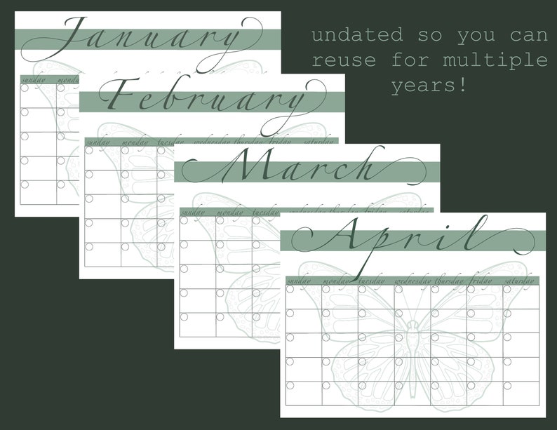 Printable Monthly Calendar Monthly Planner Undated Calendar 12 Month ...